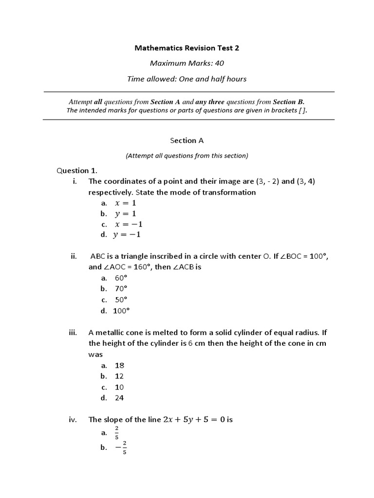 Mathematics Revision Test 2 | PDF | Area | Perpendicular
