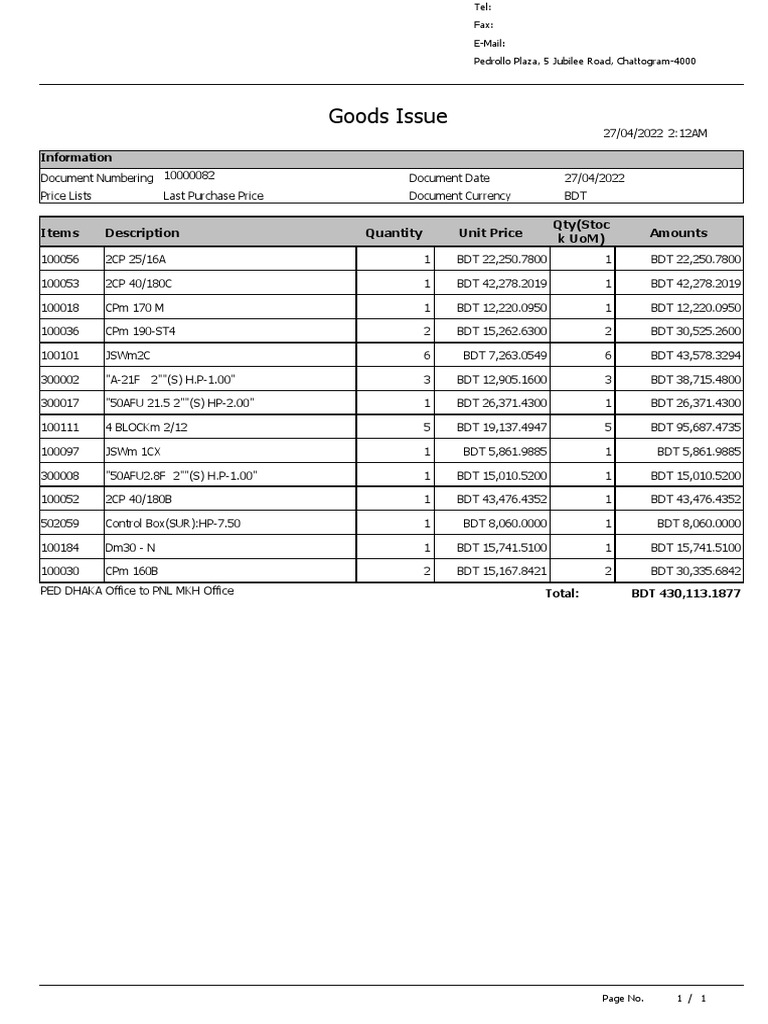 Goods Issue 10000082 | PDF