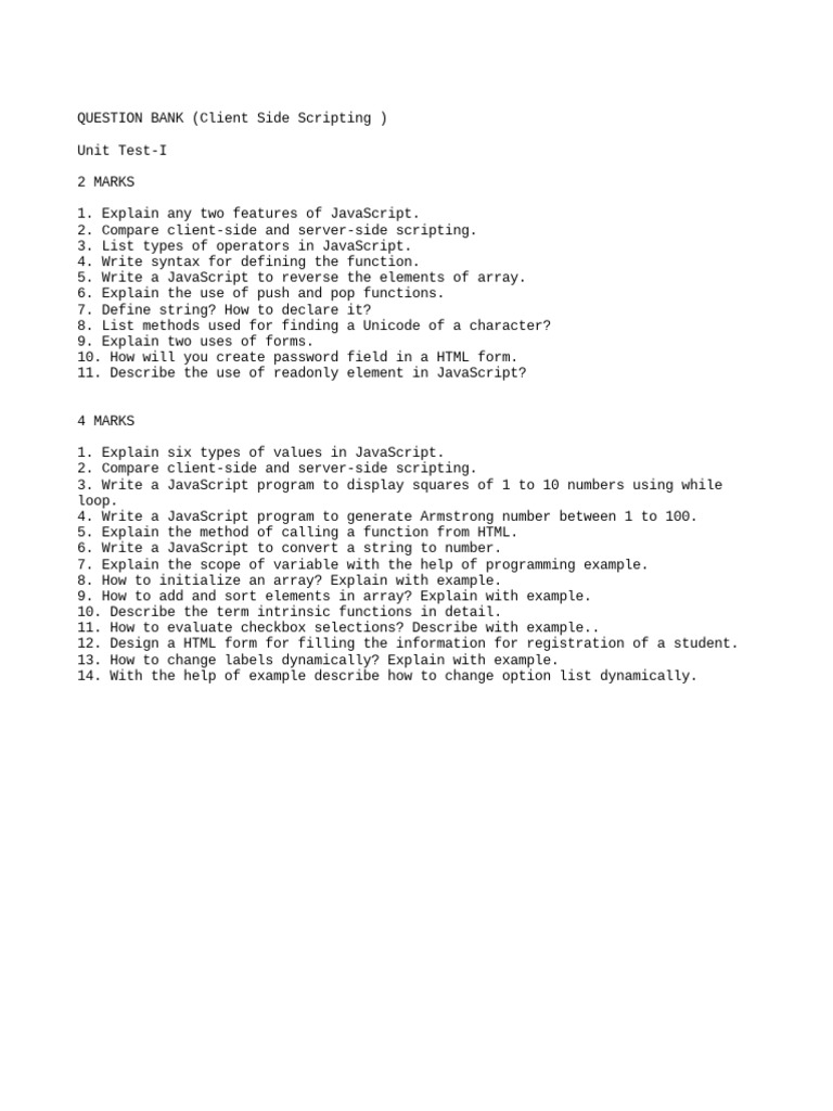 QUESTION BANK UNIT TEST 1 (Client Side Scripting) | PDF QUESTION BANK UNIT TEST 1 (Client Side Scripting) | PDF