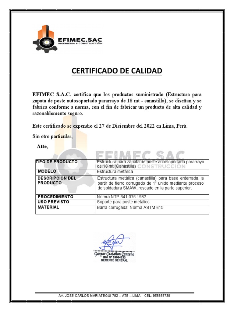 Certificado de Calidad - Estructura para Zapata de Poste Autosoportado Pararrayo de 18 MT ...