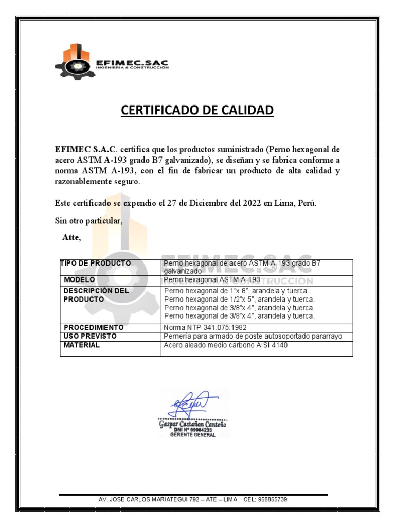 Certificado de Calidad - Perno Hexagonal ASTM A-193 | PDF