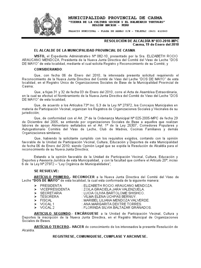 RESOLUCIÓN-033-Inscripcion y Reconocimiento de La Nueva Junta Directiva Del Comité Del Vaso de ...