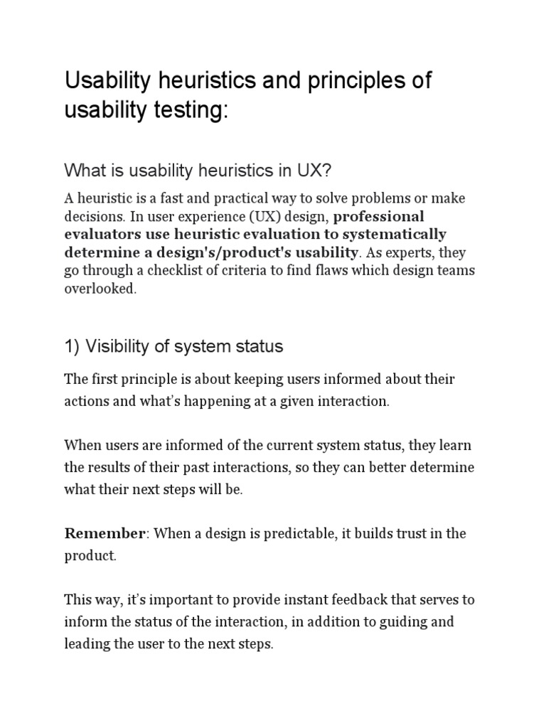 Usability Heuristics and Principles of Usability Testing | PDF ...