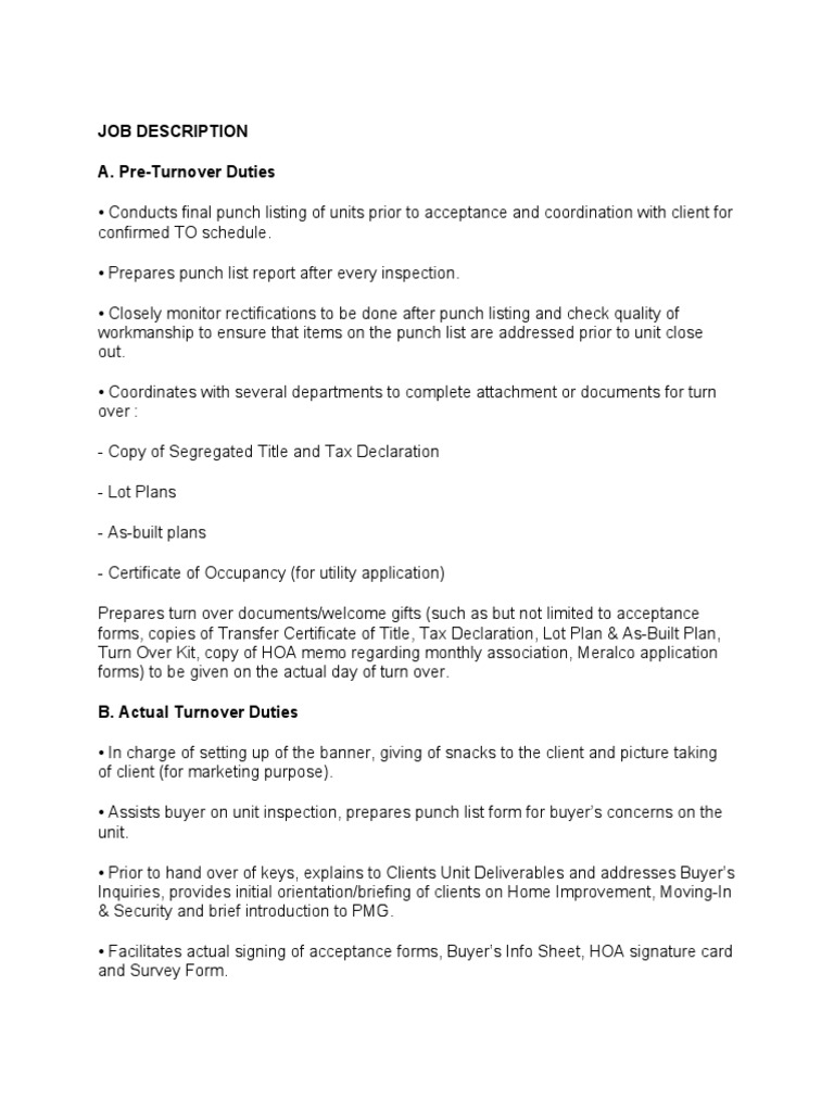 JOB DESCRIPTION-Turnover Engineer | PDF | Business
