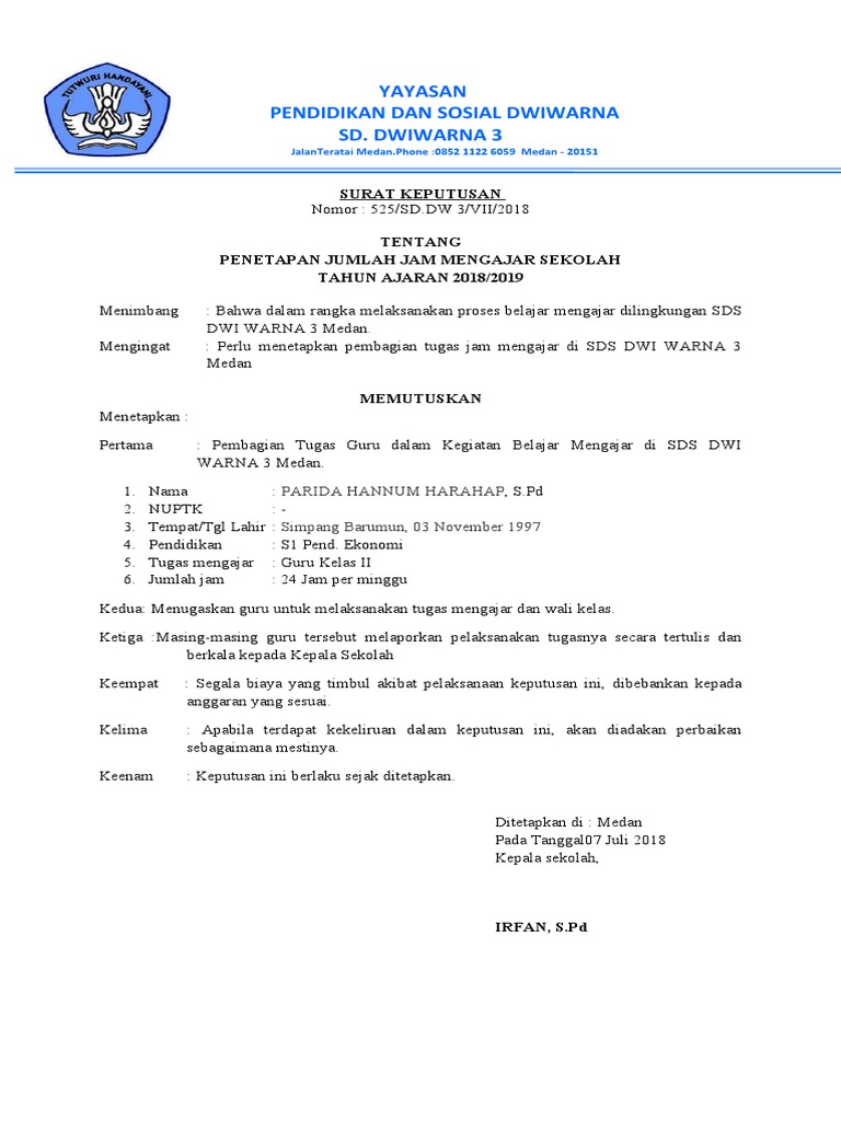 SK Penetapan Jam Mengajar Parida | PDF