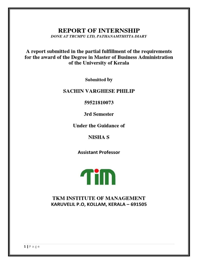 MILMA Internship Report Finance PDF | PDF | Internship | Job Hunting