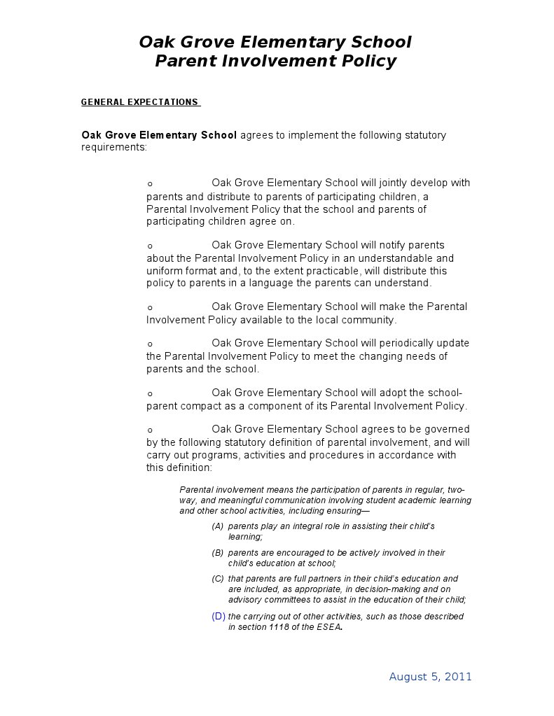 Oak Grove Elementary Parent Involvement Policy | PDF | Elementary And ...