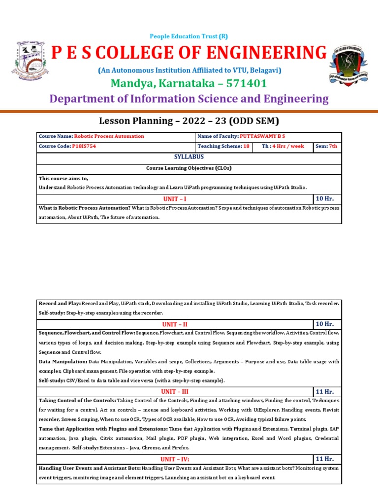 RPA (Open Elective) Lesson Planning 2022-23 ODD SEM | PDF | Automation | Microsoft Excel