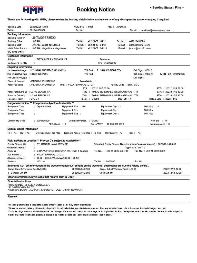Shipping Booking Confirmation | PDF | Cargo | Service Industries