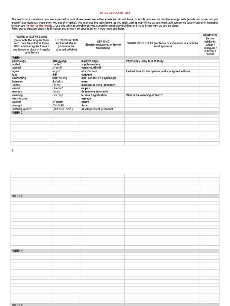 My Vocabulary List (Psychology) | PDF | Word | English Language