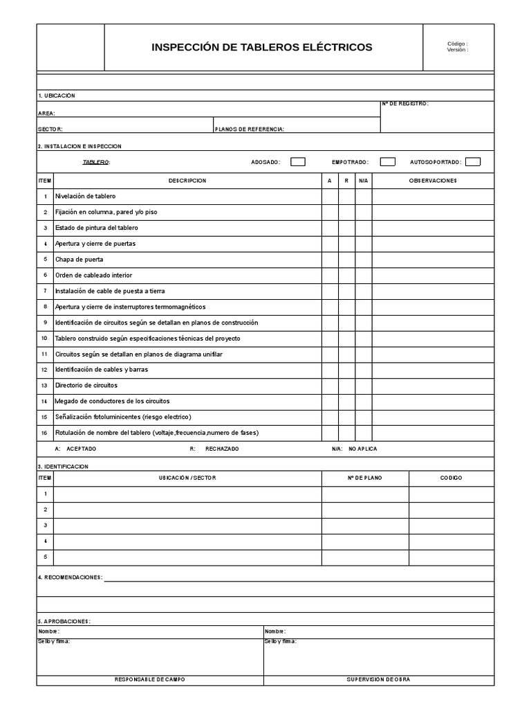 Protocolo de Inspección de Tableros Electricos - XLSX - OP-F-58 | PDF