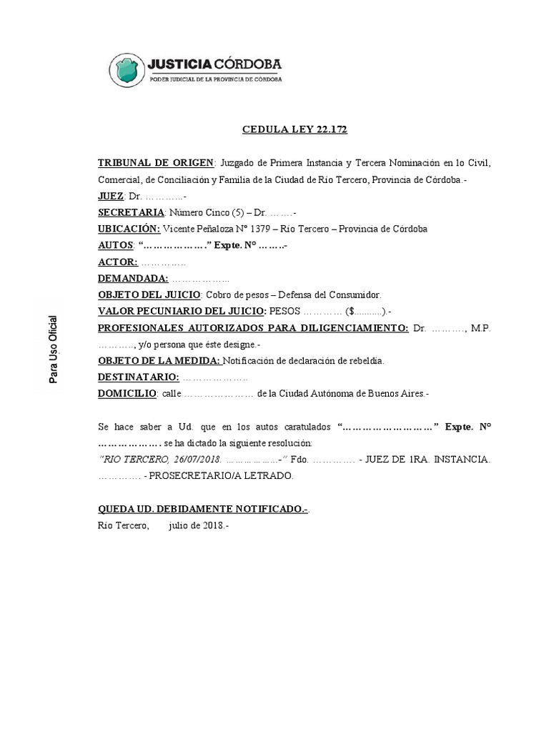 Cedula Ley 22.172 | PDF