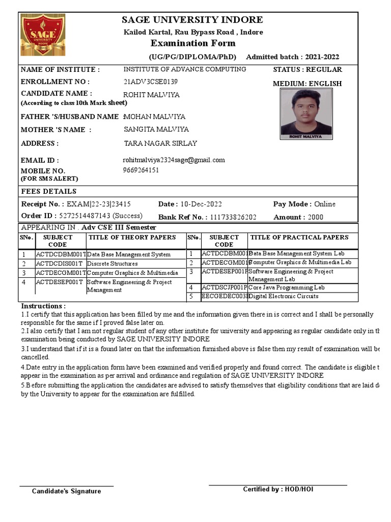 Sage University Indore Examination Form | PDF | Computing | Information Age