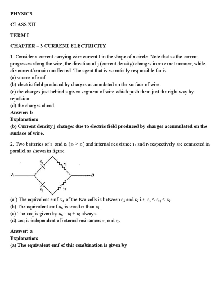 Current Electricity Class 12 MCQs | PDF | Electrical Resistivity And Conductivity | Electrical ...