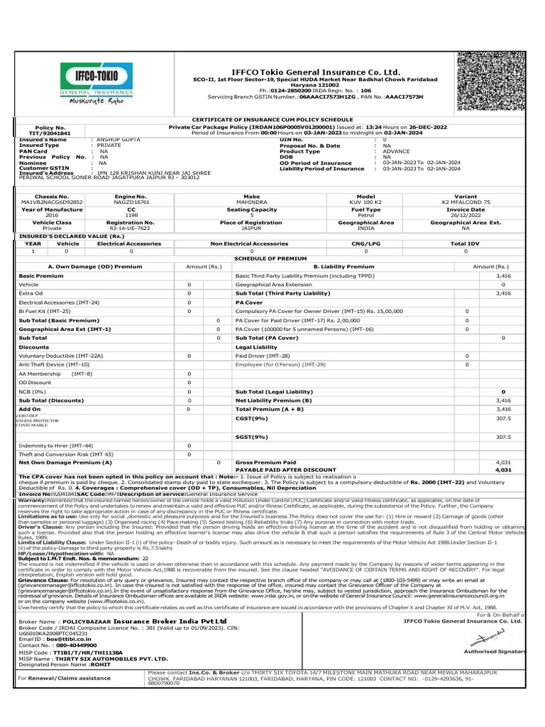 Iffco Tokio Policy | PDF | Insurance | Liability Insurance
