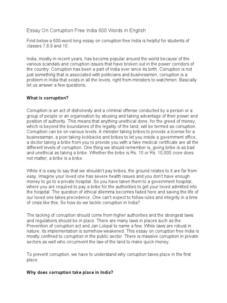 Corruption Free India: A 600-Word Essay | PDF | Political Corruption ...