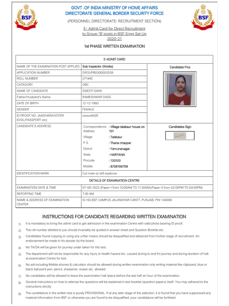 Https Rectt - Bsf.gov - in Applicant Print-Card Id 1200263 | PDF ...
