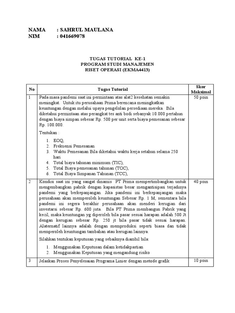 Tugas 1 Riset Operasi | PDF