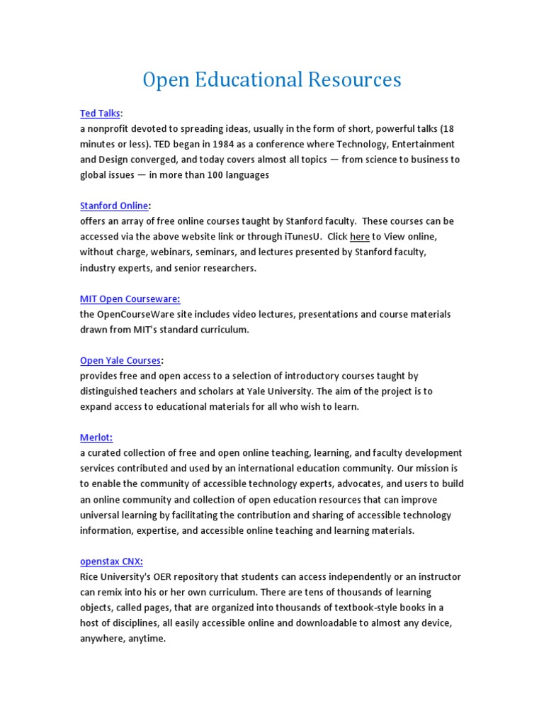 Webliography of Open Educational Resources | PDF | Learning | Teaching