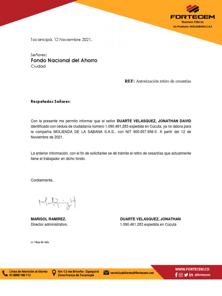 Autorización retiro cesantías trabajador | PDF