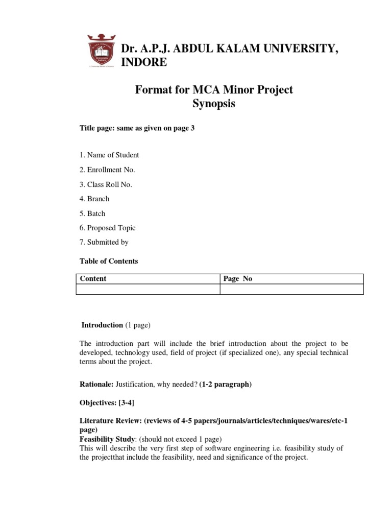 MCA Minor Project Synopsis Guide | PDF | Academic Degree | Feasibility Study