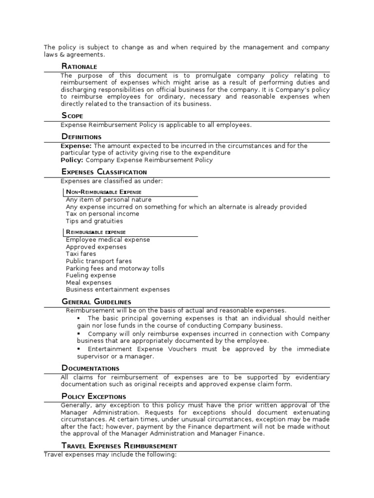 Expense Reimbursement Policy | PDF | Expense | Gratuity