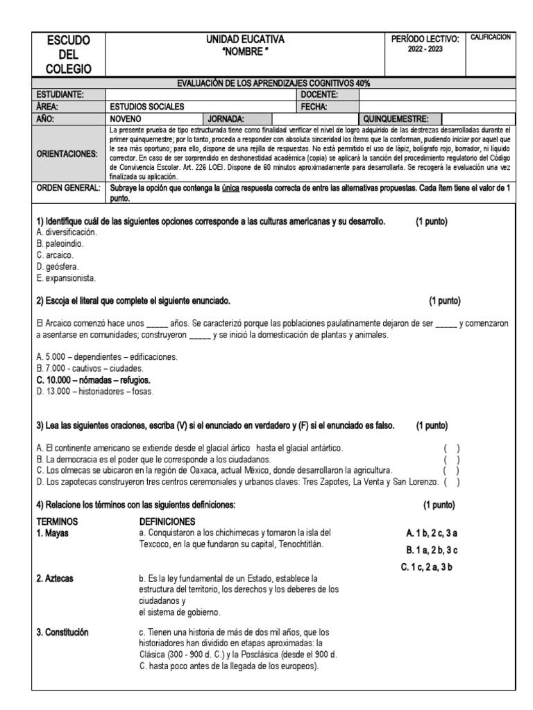 Examen para 9no Año de Basica | PDF | Civilización maya | Américas
