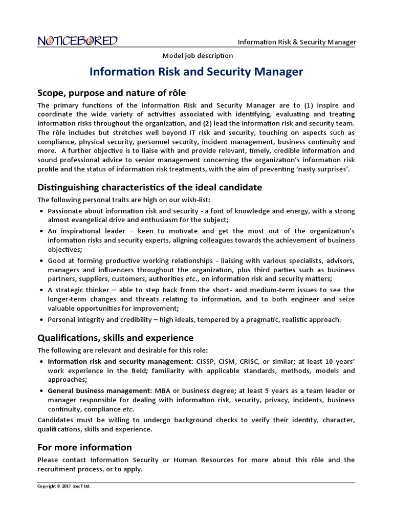 NB Model Job Description For Information Risk and Security Manager ...