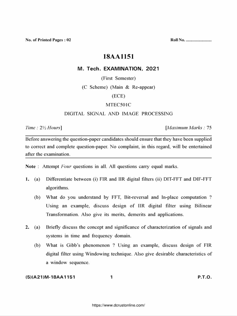 Mtech 1 Sem Ece Digital Signal and Image Processing 18aa1151 2021 | PDF