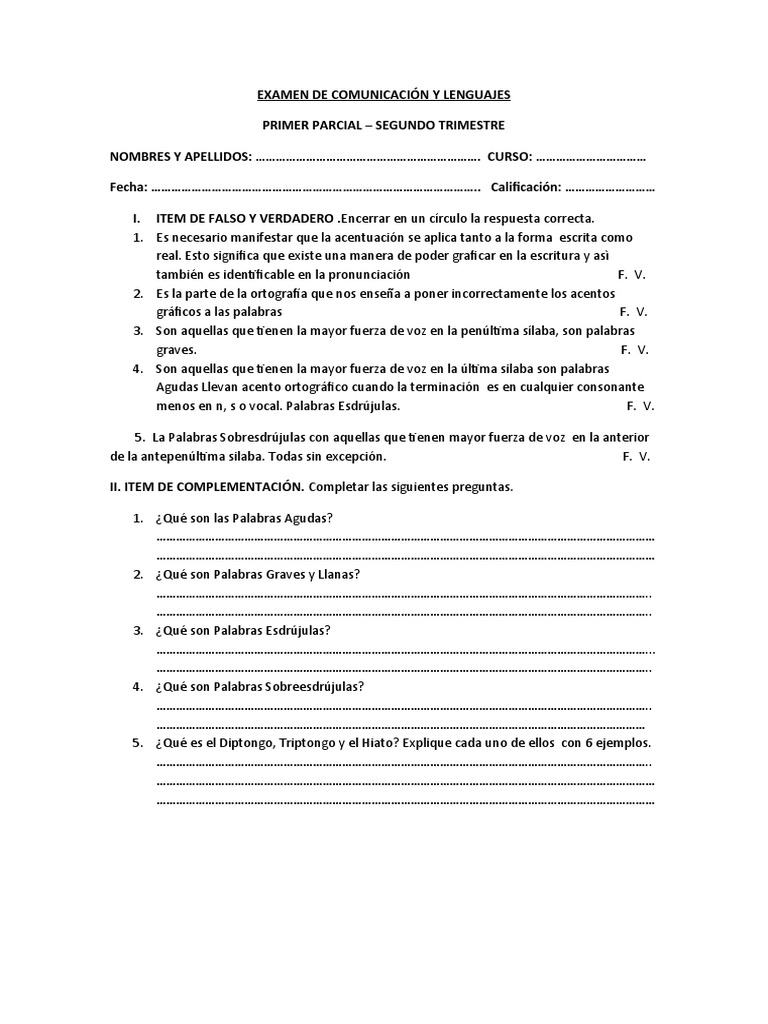 EXAMEN DE COMUNICACIÓN Y LENGUAJES 4to A | PDF | Comunicación humana | Fonética