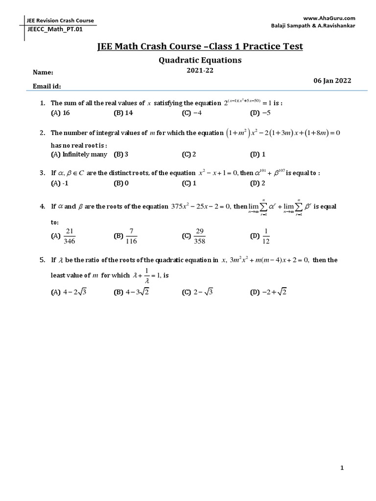 Class1 QuadraticEquations PT 6 Jan 2022 | PDF | Mathematics ...