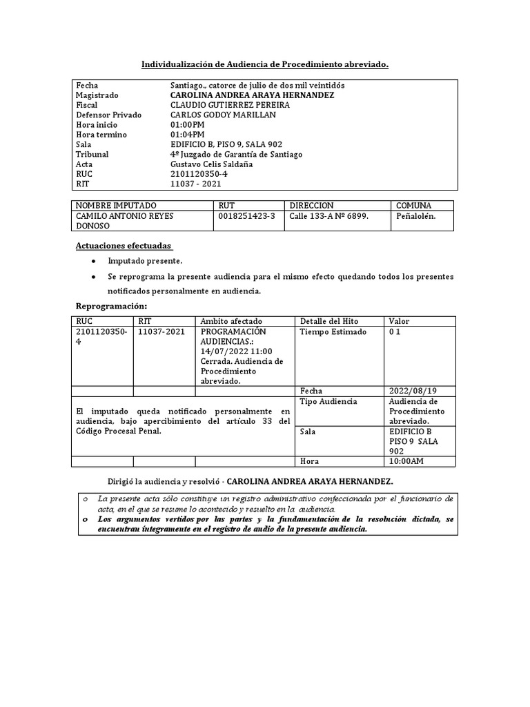 Individualización de Audiencia de Procedimiento Abreviado. Carolina Andrea Araya Hernandez | PDF ...