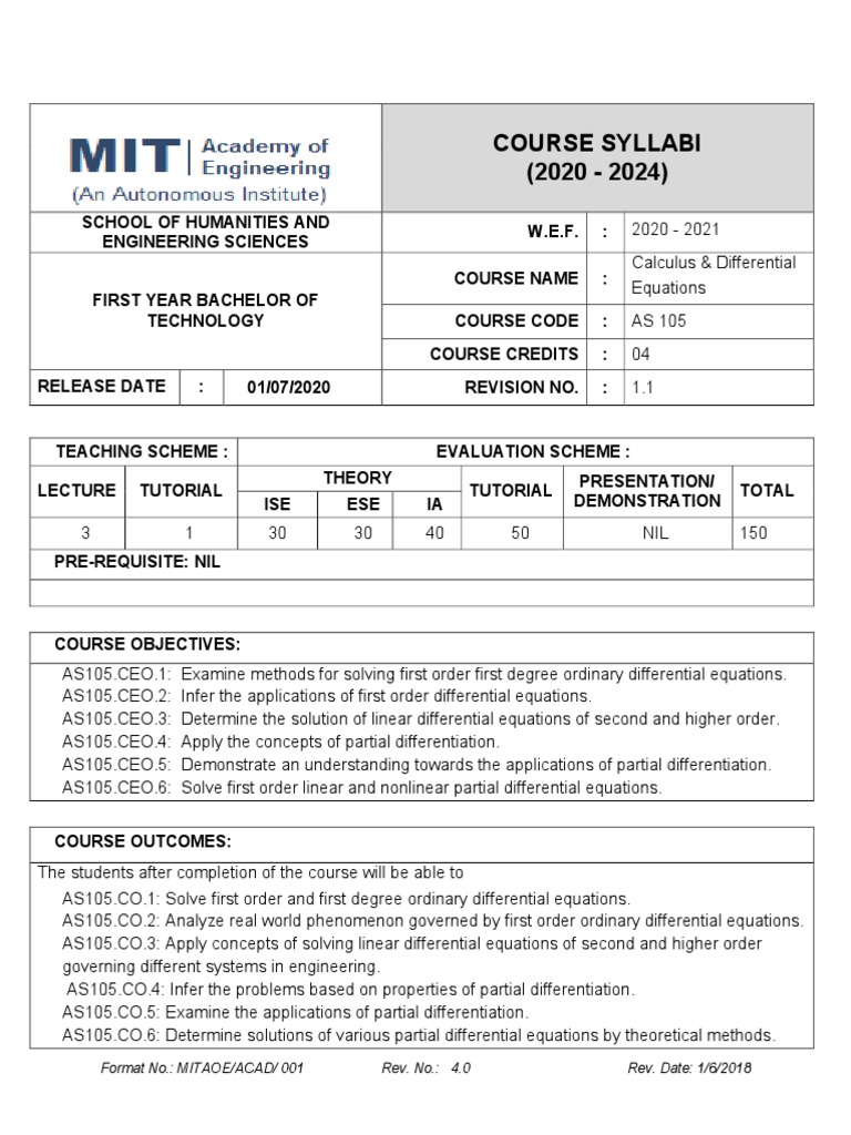 Syllabus - Calculus Differential Equations | PDF | Differential Equations | Equations