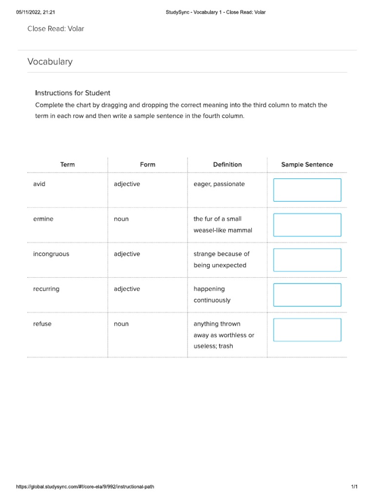 VOLAR VOCABULARY SHEET | PDF