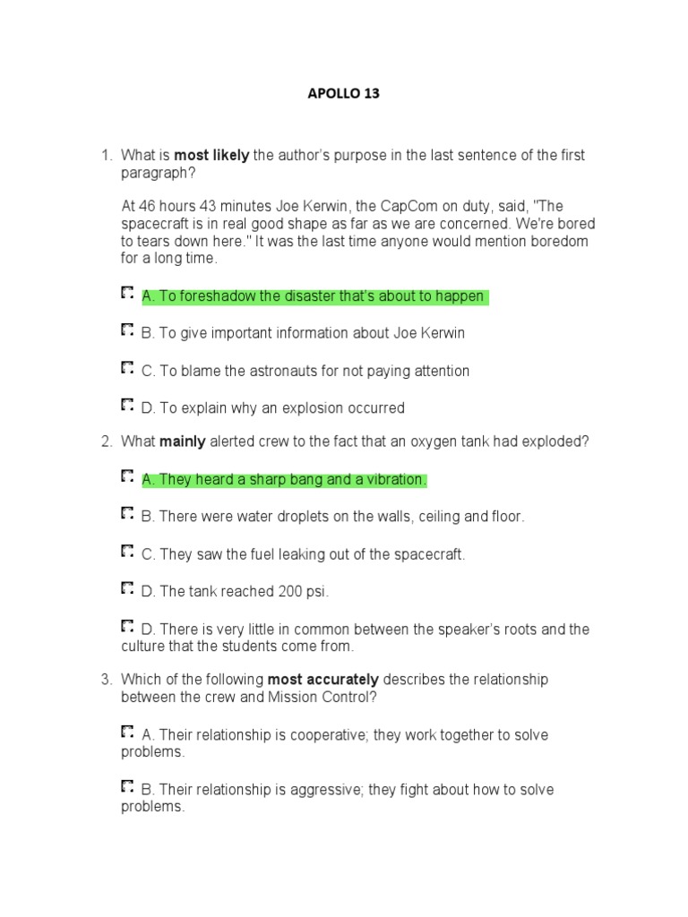 Apollo 13 Reading Quiz Answers | PDF | Astronautics | Outer Space