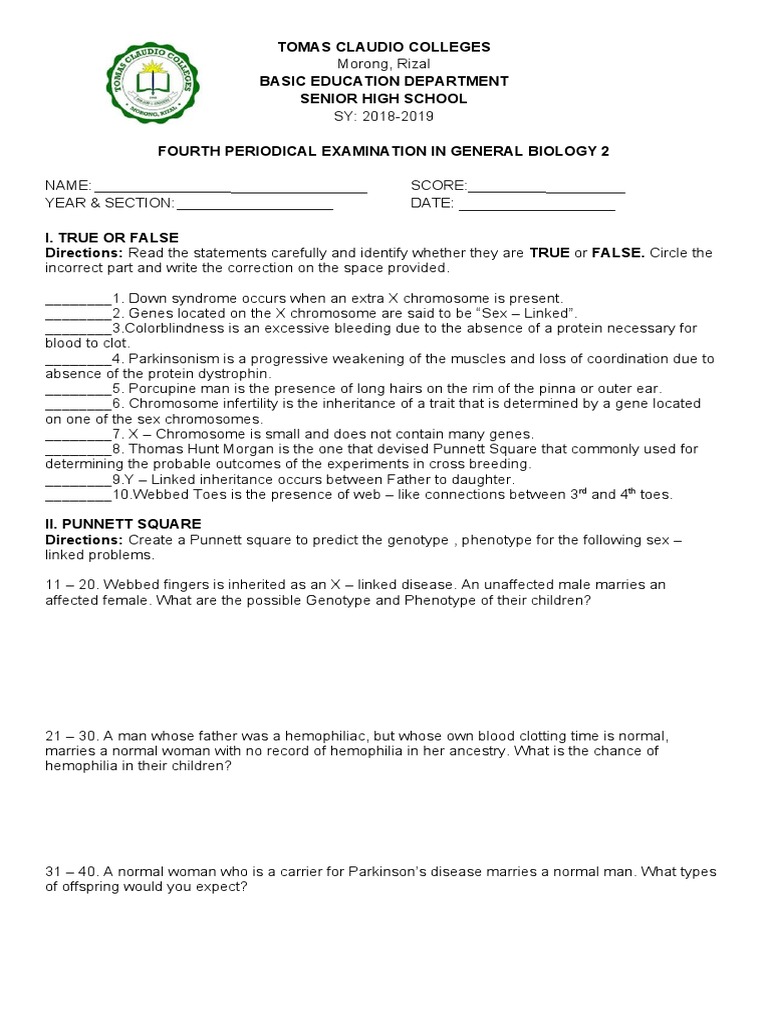 Sex Link And Punnett Square Exam Pdf Genotype Haemophilia 