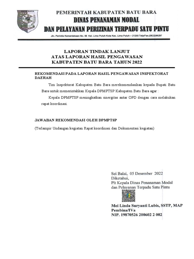 Laporan Tindak Lanjut Hasil Pengawasan Perizinan 2022 | PDF
