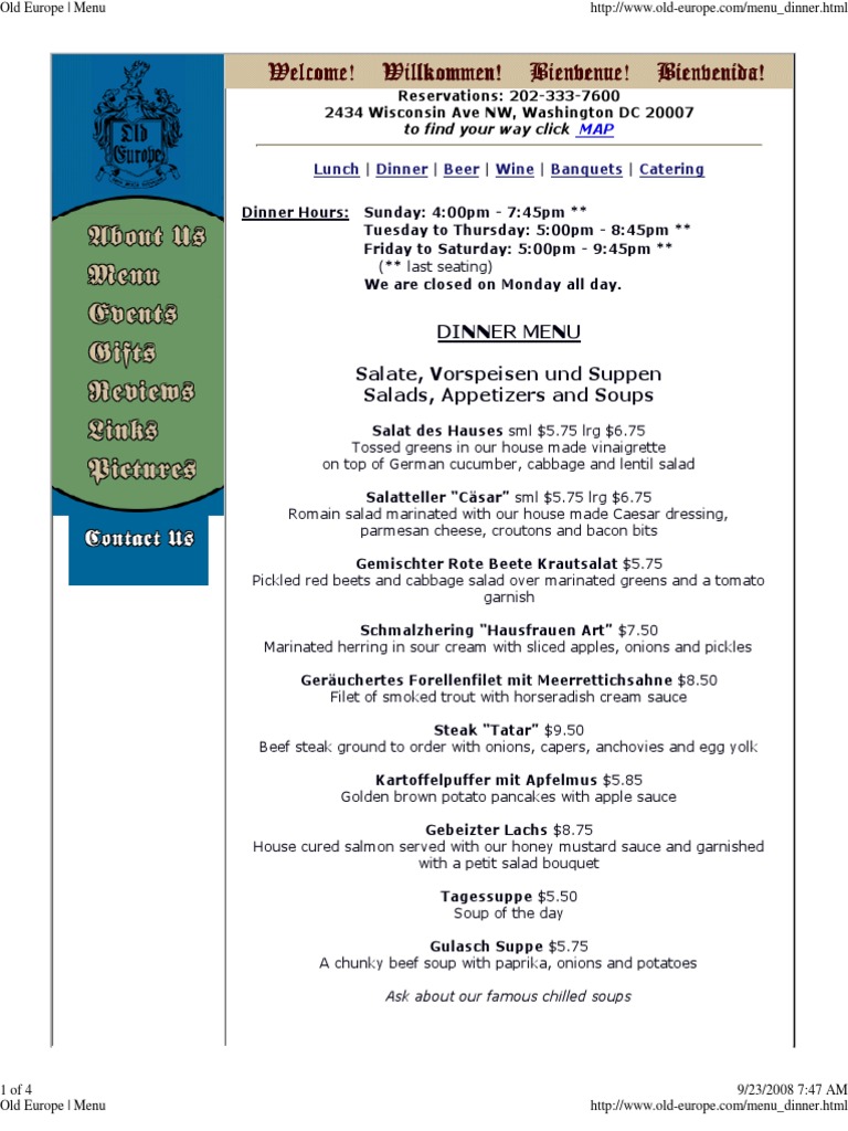Old Europe Dinner Menu Highlights | PDF | Western Cuisine | Regional ...
