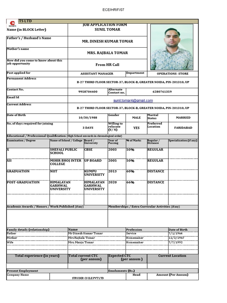 Job Application Form - Escorts | PDF