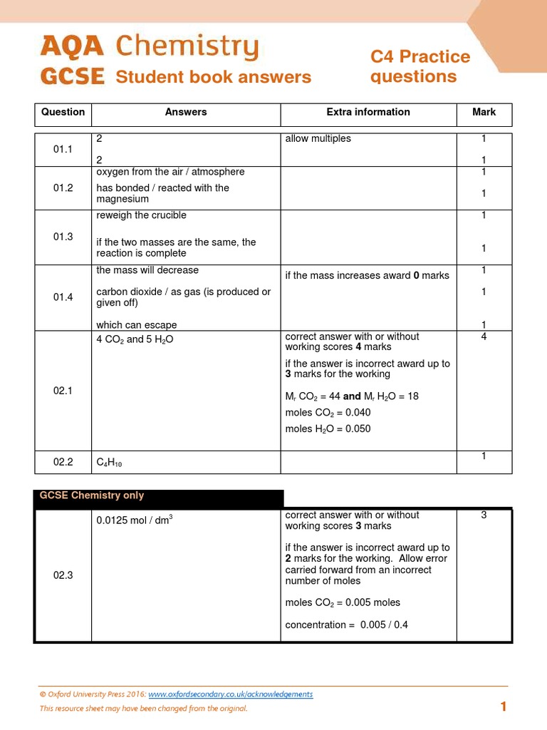 AQA GCSE Chem C4 Practice Question Answers | PDF | Mole (Unit) | Carbon ...