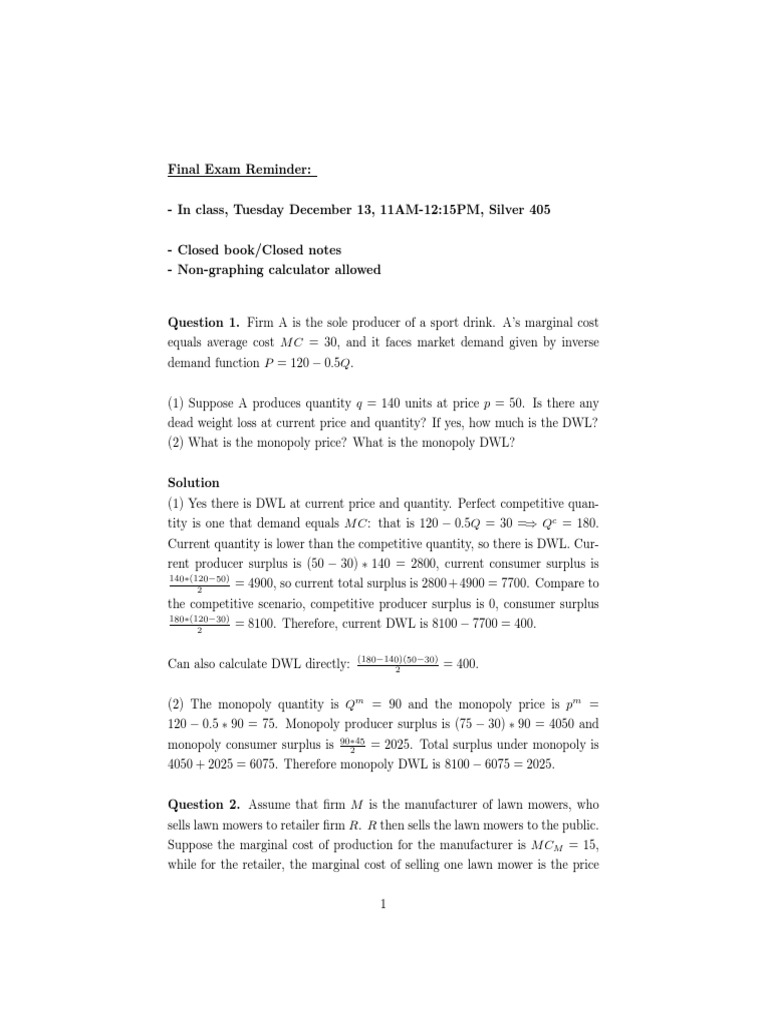 Final Exam Reminder: Deadline and Details | PDF | Monopoly | Profit ...