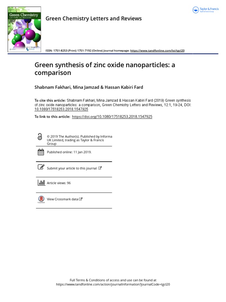 Green Synthesis of Zinc Oxide Nanoparticles A Comparison | PDF | Zinc Oxide | Nanoparticle