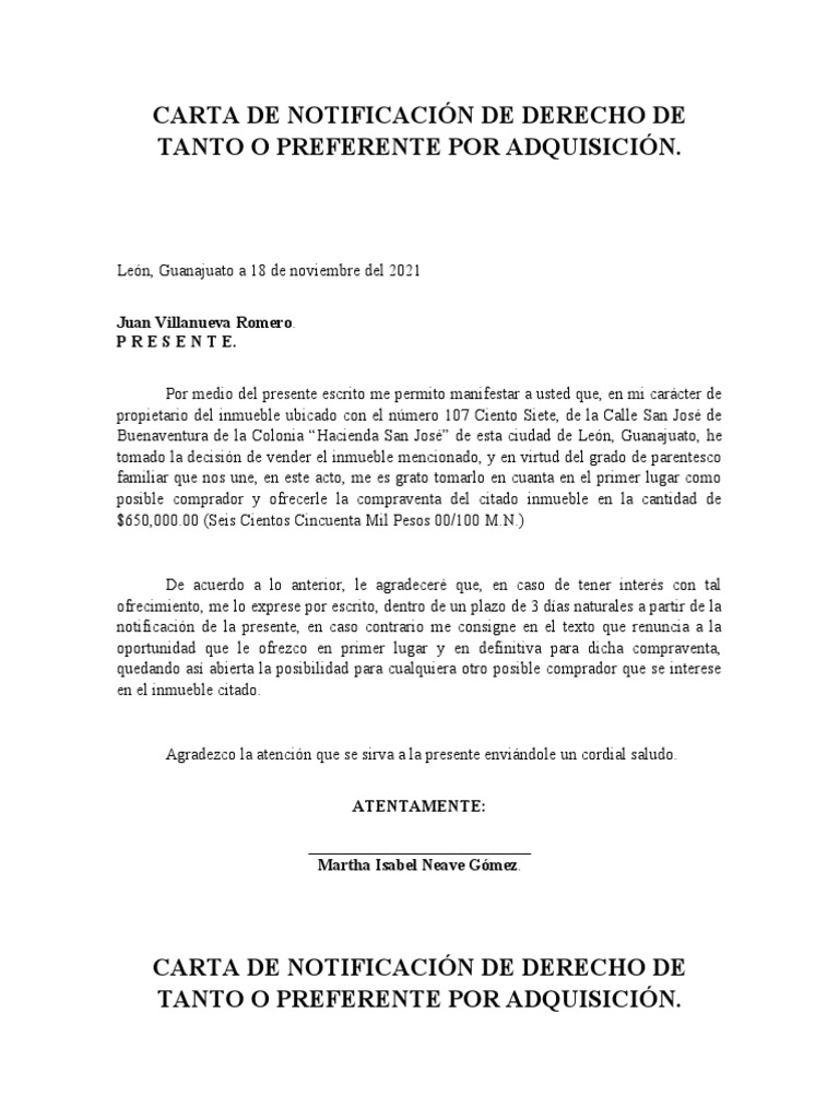 Carta de Notificación de Derecho de Tanto o Preferente Por Adquisición ...