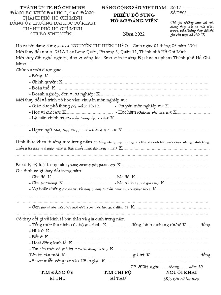 CN02 KĐĐG - Phieu Bo Sung Ho So Dang Vien | PDF