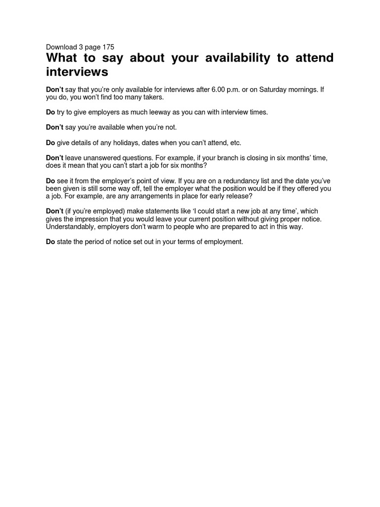 Interview Availability Tips | PDF | Career & Growth | Business