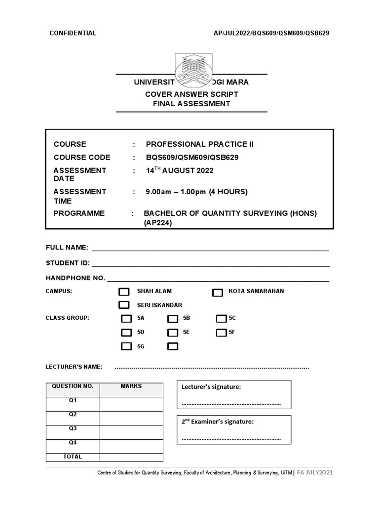 BQS609 - Cover Answer Script | PDF