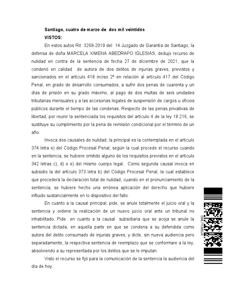 Causa N 872022 Penalnulidad Resolucin N 9 De Ca De Santiago Pdf