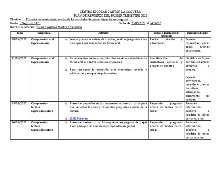 Plan de Refuerzo Lenguaje Segundo Grado | PDF | Comunicación ...