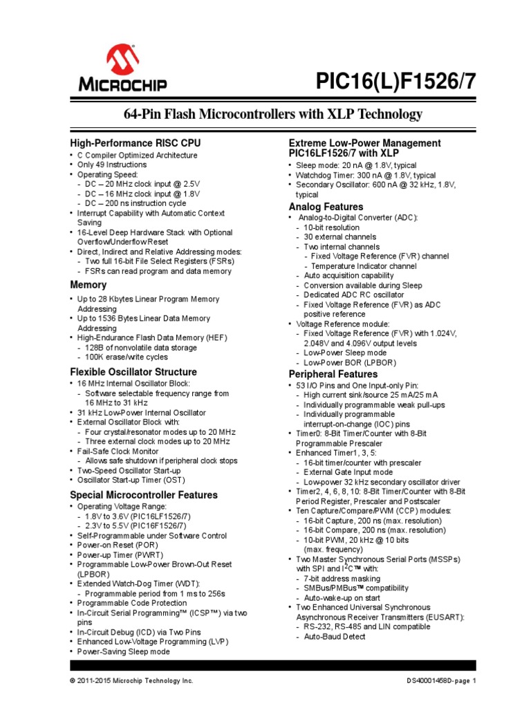 Pic16 L F1526 7 64 Pin Flash Microcontrollers With Xlp Technology