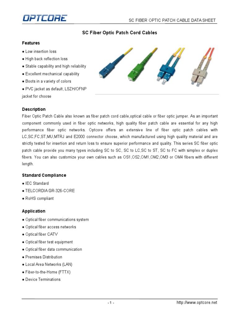 SC Fiber Optic Patch Cord Cable Data Sheet V160609 | PDF | Optics ...